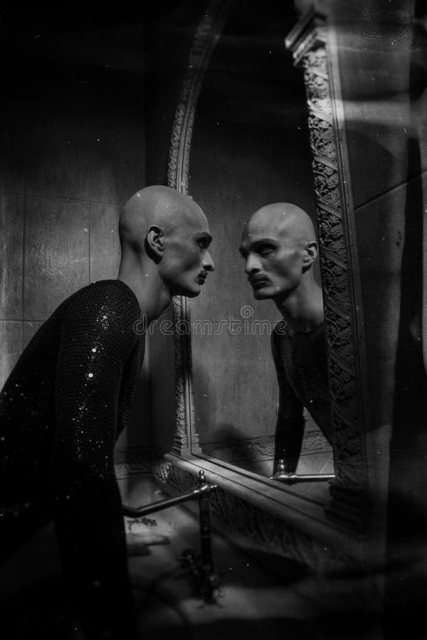 Bold Man Looks in the Mirror Stock Image - Image of horror, candle ...