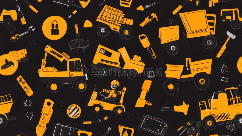 Construction Vehicles and Tools Seamless Pattern on Black Background Stock Photo - Image of ...