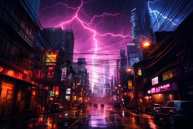 Bold Neon City Thunder. Future Night Street Stock Photo - Image of pink ...