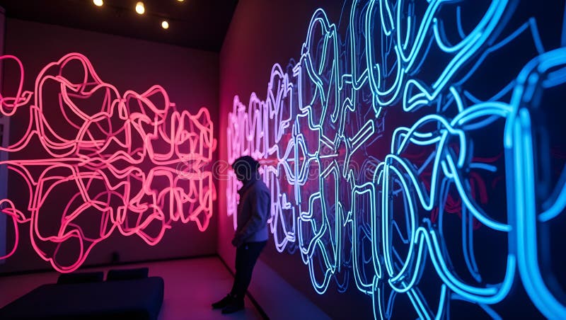 A Bold Neon Sign with Abstract Geometric Patterns in the Background ...