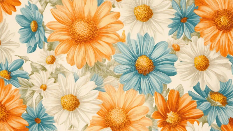 Bold Orange and Blue Flower Motif on a Cream Ground Stock Image - Image ...