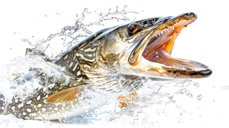 A Bold Pike Fish Erupts from the Water, Mouth Open Wide in a Display of ...