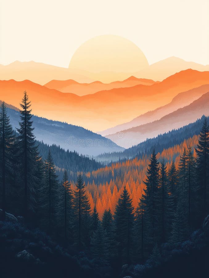 Bold Pines and Mountain Layers Stock Illustration - Illustration of ...
