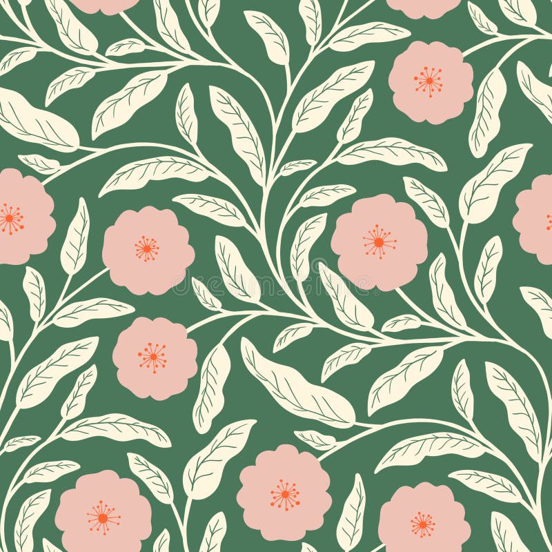 Bold Pink Botanical Blooms on Green Seamless Pattern Stock Illustration ...