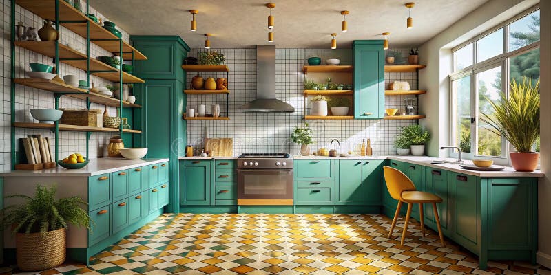 Bold Playful Kitchen Design Teal and Mustard Cabinets Patterned Tiles ...
