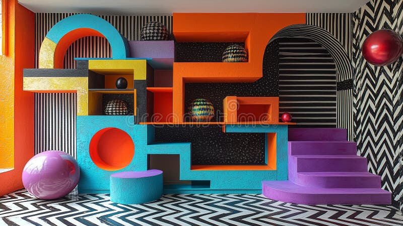 Playful Memphis-style Modular Bookshelf Stock Illustration ...