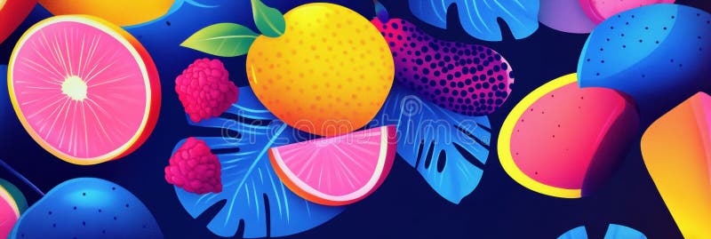 Bold Pop-art Background Featuring Neon Fruit Illustrations with High ...