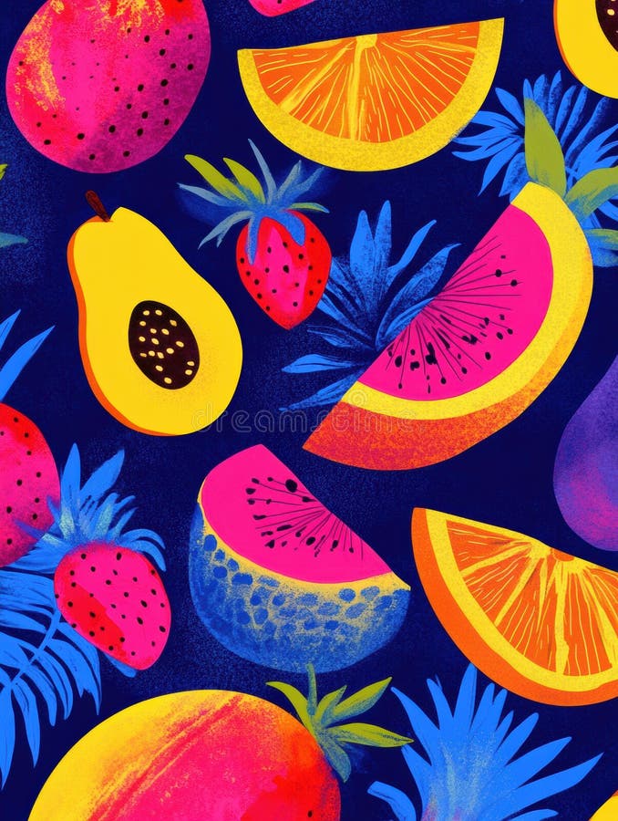 Bold Pop-art Style with Neon Fruit Illustrations on a Vibrant Backdrop ...