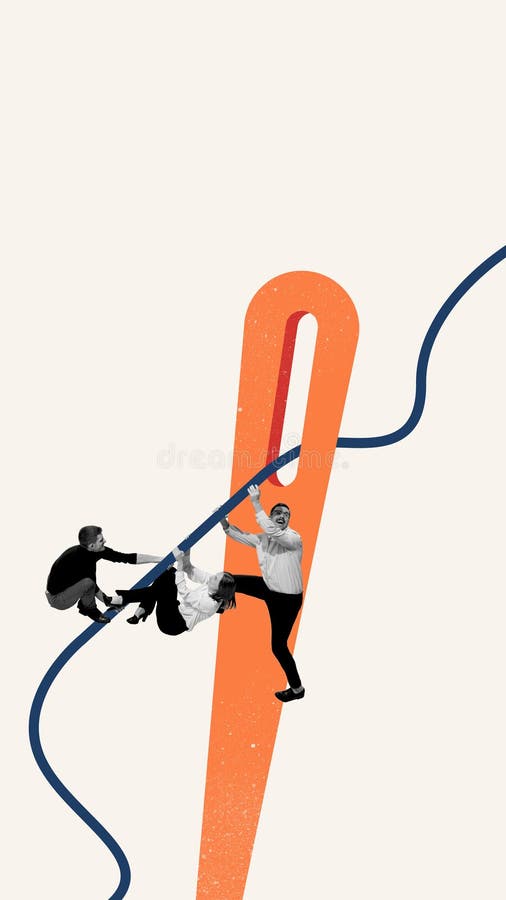 Bold Poster of Office Group Pulling Thread through Giant Orange Needle ...