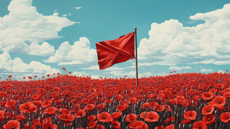 Bold Poster with a Poppy Field and a Folded Flag in the Center. Stock ...