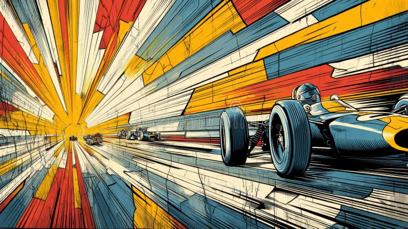 Bold Racing Action in a Retro Style Poster with Vibrant Sunburst and ...
