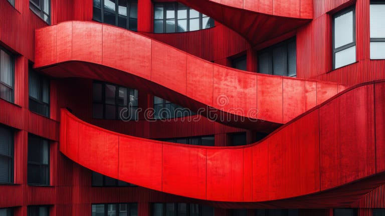 Bold Red Architectural Design with Dynamic Curved Staircases on Facade ...