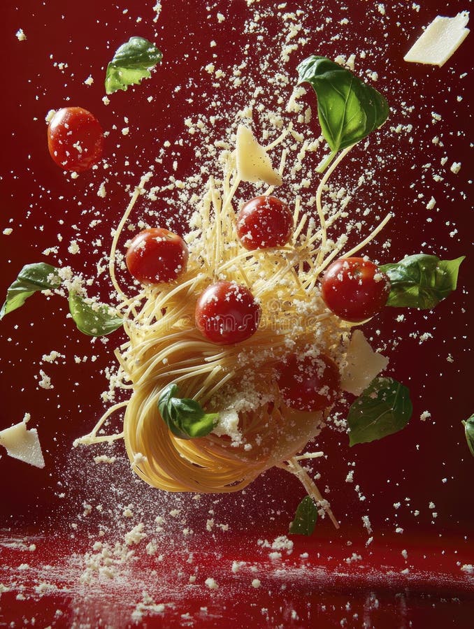 A Bold Red Background with an Explosion of Spaghetti in Mid-air, Golden ...