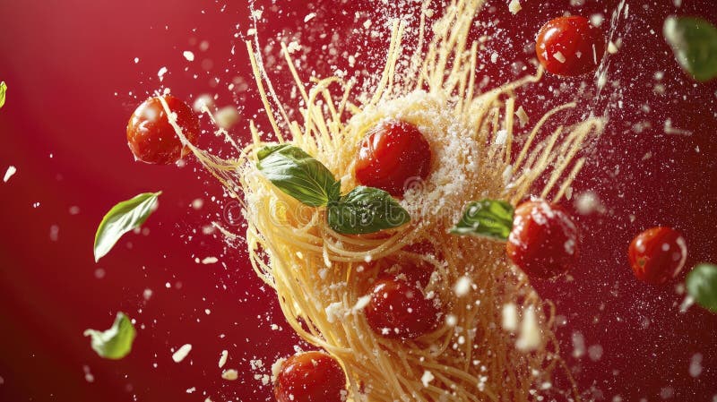 A Bold Red Background with an Explosion of Spaghetti in Mid-air, Golden ...