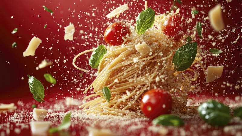 A Bold Red Background with an Explosion of Spaghetti in Mid-air, Golden ...