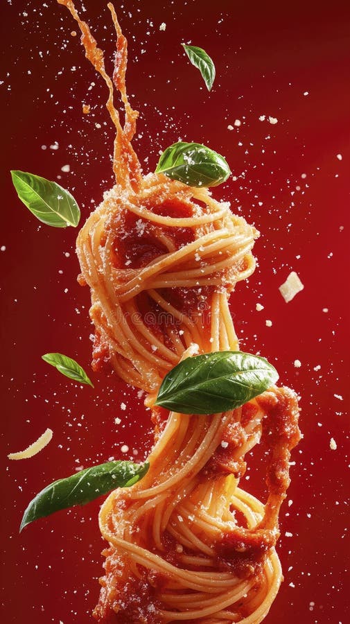 A Bold Red Background with an Explosion of Spaghetti in Mid-air, Golden ...