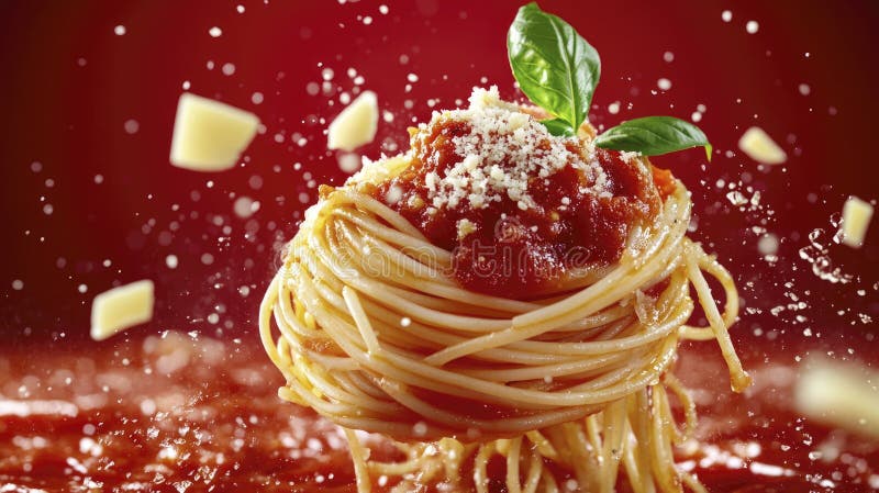 A Bold Red Background with an Explosion of Spaghetti in Mid-air, Golden ...