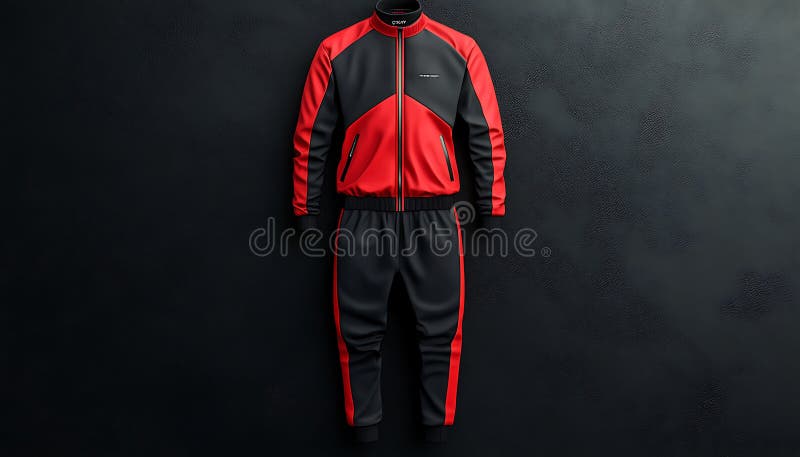 Bold Red and Black Tracksuit with Sleek Design Displayed on a Matte ...