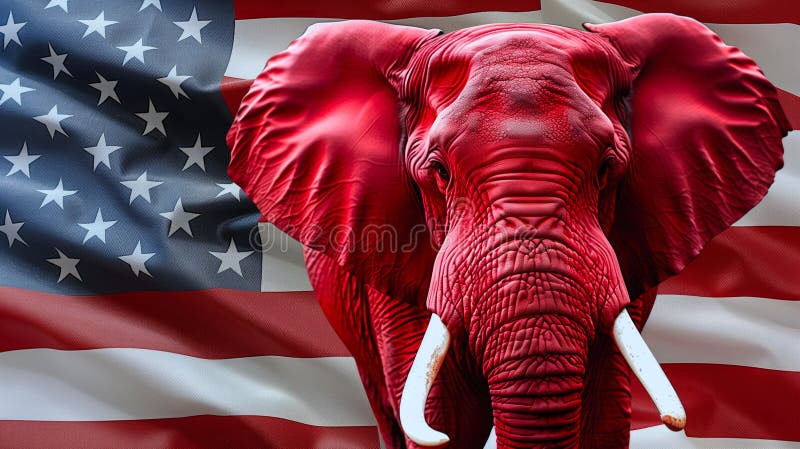 Bold Red Elephant in Front of Waving American Flag with Stars and ...