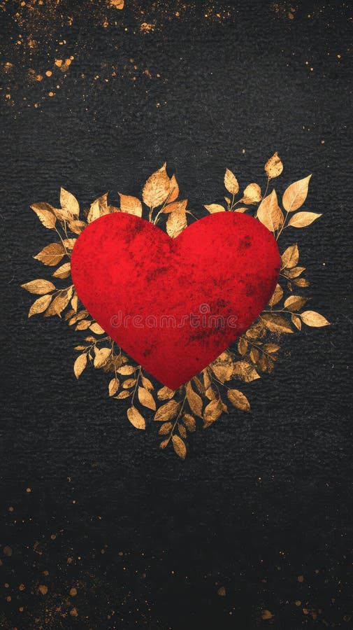 Bold Red Heart Surrounded by Golden Leaves on Dark Background Stock ...