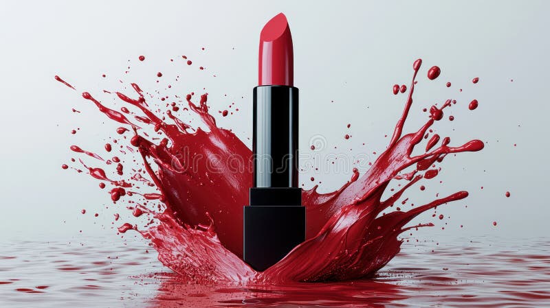 Bold Red Lipstick Stands Upright Amidst Dynamic Splash of Red Paint ...