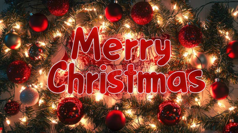 Bold Red "Merry Christmas" Text Surrounded by Ornaments Stock Image ...