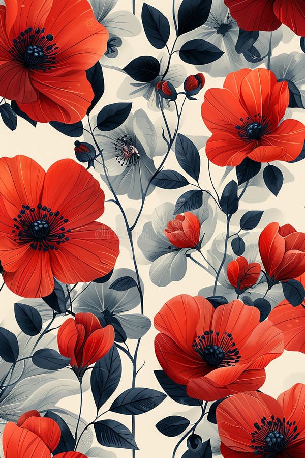 Bold Red Poppy Floral Pattern, Vibrant Flower Illustration for Design ...