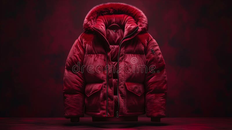 Bold Red Puffer Jacket with a Fur-lined Hood Displayed Against a Dark ...