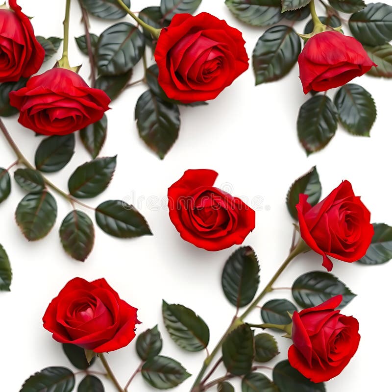 A Bold Red Rose Texture with Dark Green Leaves on a Clean White ...