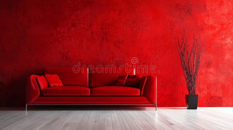 Bold Red Sofa in Front of a Textured Red Wall in a Modern Interior ...