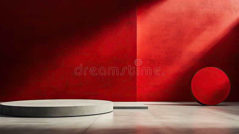A Bold Red Sphere on a Concrete Stage with a Dramatic Red and Shadow ...