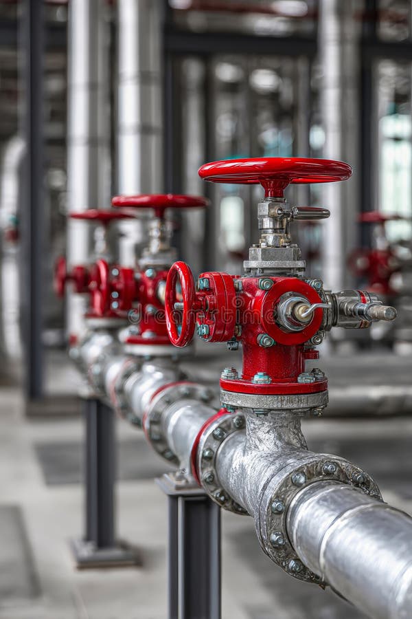 Intricate Connections of Red and Silver Valves within a Sprawling ...