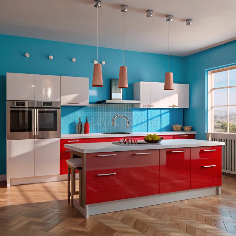 Bold Red and White Modern Kitchen with High-Gloss Finishes. Stock ...