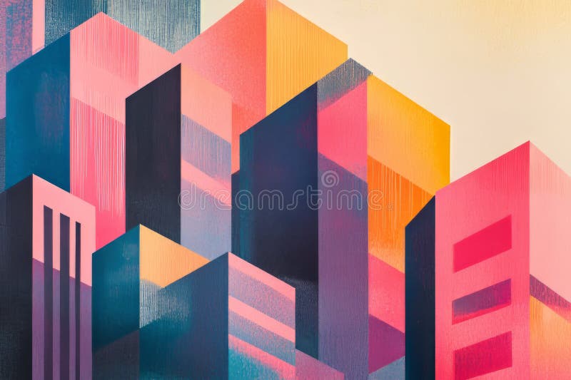A Bold Risograph Cityscape Featuring Angular, Abstract Buildings and ...