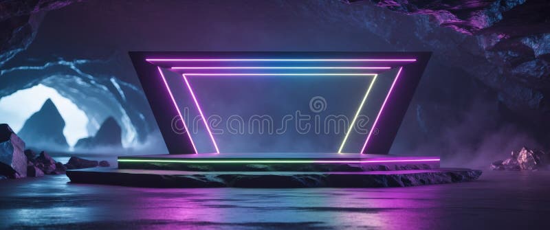 Bold Rock Platform Podium in Futuristic Cave with Neon Lights Stock ...