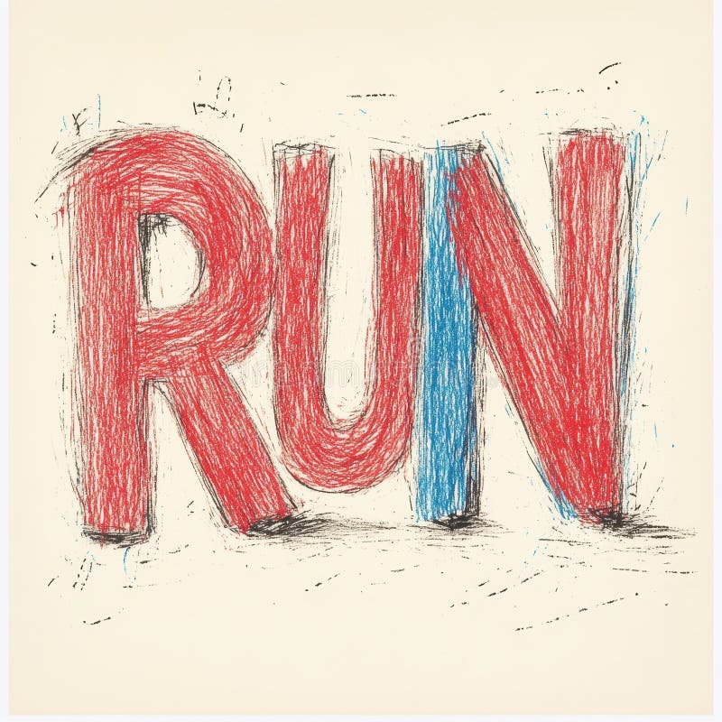Bold "RUN" Text with Crayon Texture and Blue Accents Stock Photo ...