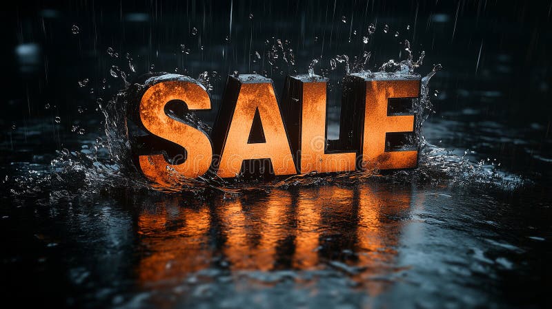 Bold Sale Sign Emerges from Water during a Rainy Night Creating a ...