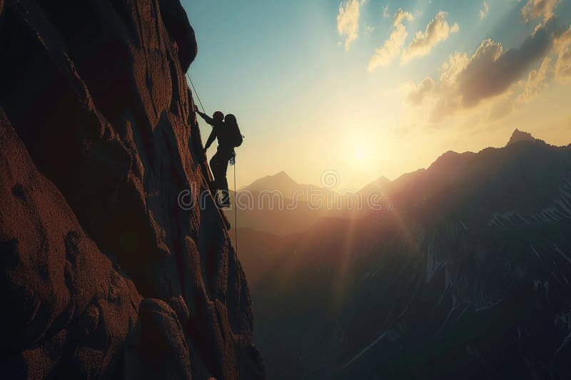 Bold Silhouette of a Climber Scaling Rocky Cliffs Amidst Mountains ... Bold Silhouette of a Climber Scaling Rocky Cliffs Amidst Mountains ...