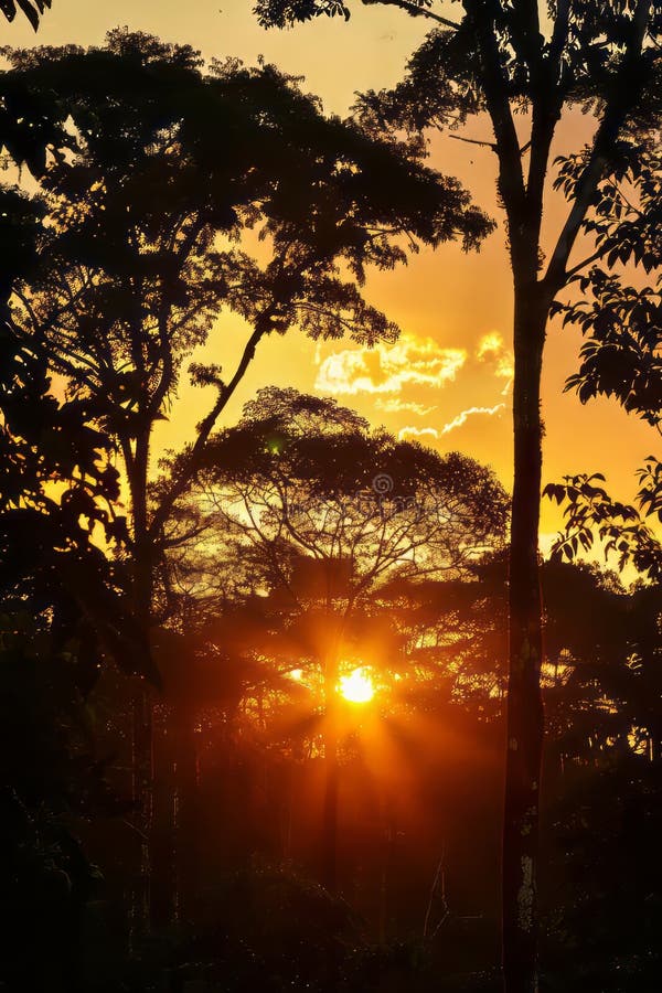 Bold Silhouette of Jungle Trees Against the Setting Sun. Stock ...