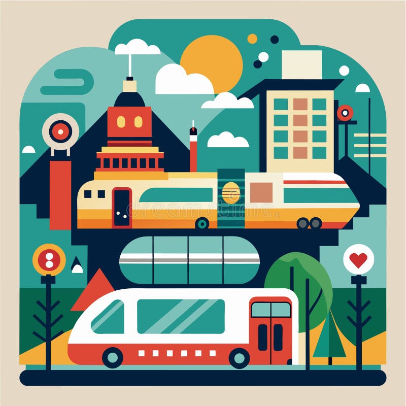 Bold, Simple Shapes Create a City Scene with a Train and Bus, Bold ...