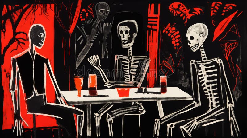 Bold and Stark: Skeletons Drinking Beer at a Dark Table Stock ...