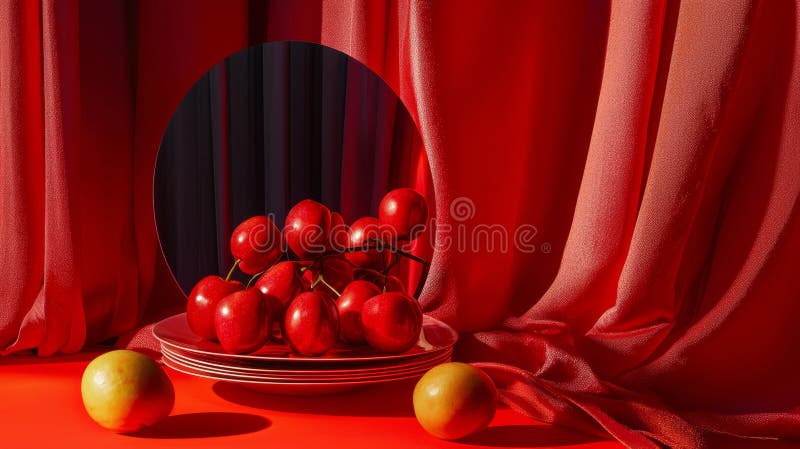 Bold Still Life with Red Cherries and Draped Red Fabric Stock Image ...