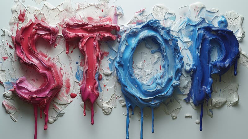 Bold Stop Text in Dripping Multicolored Paint on a White Surface Stock ...