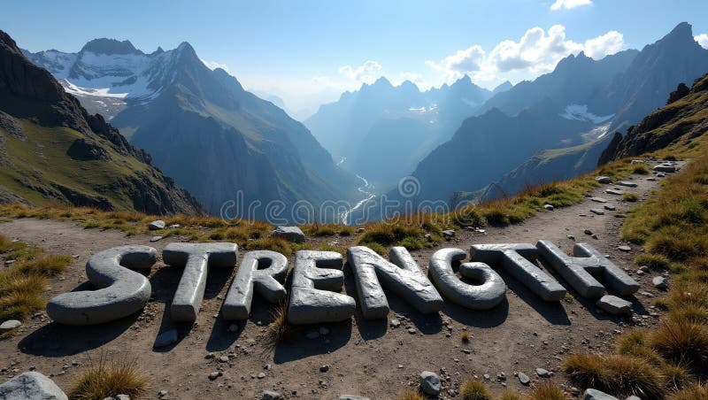 Bold Strength Message in Stone on Mountain Path with Towering Peaks ...