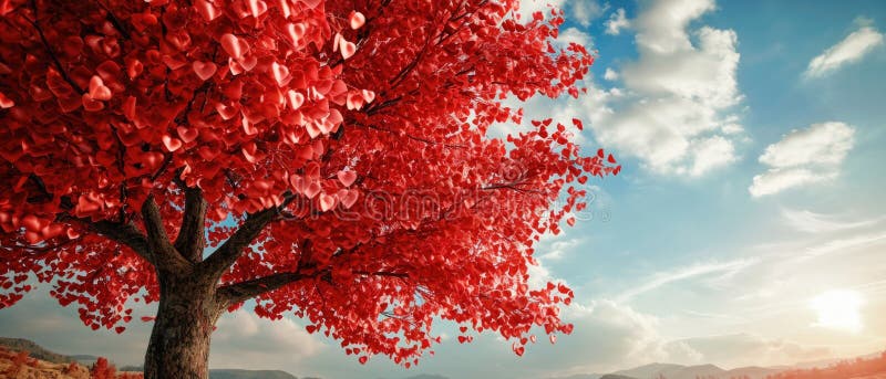 Bold and Stunning, a Tree Adorned with Red Heartshaped Leaves Stock ...