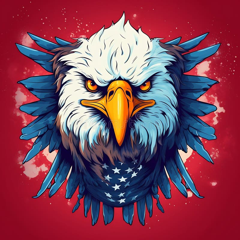 Bold Stylized Eagle with Vibrant Feathers Against a Striking Red ...