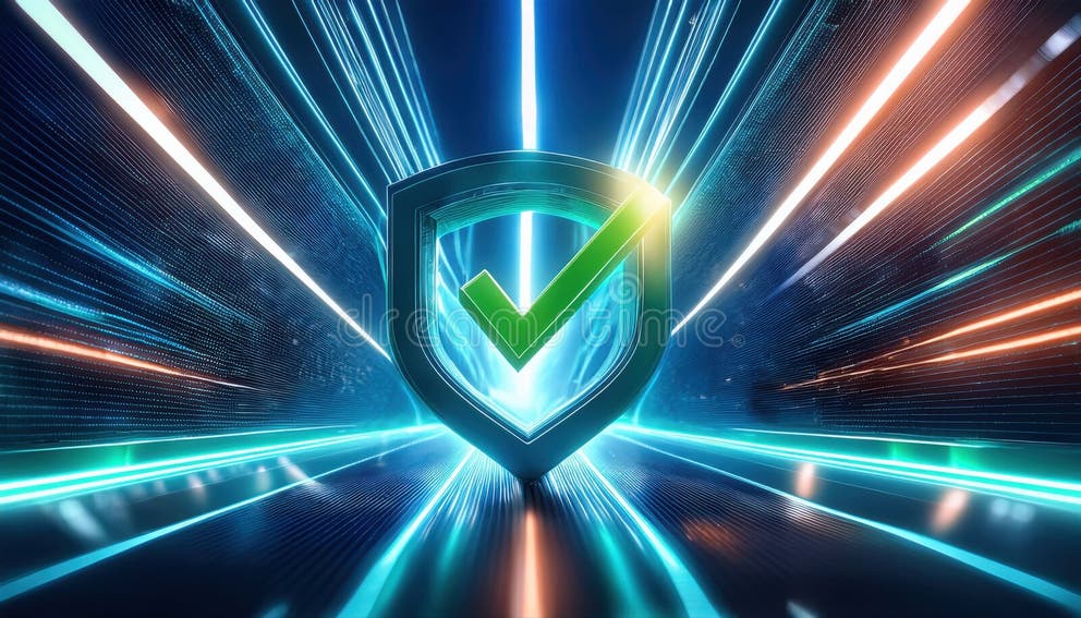 Bold Three Dimensional Shield with Green Checkmark in a Dynamic ...