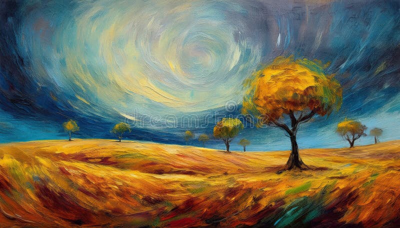 Bold Trees on a Windswept Landscape Under an Expansive Sky Stock ...