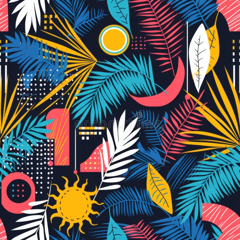 Bold Tropical Pattern with Geometric Shapes. Vibrant Tropical Leaves ...