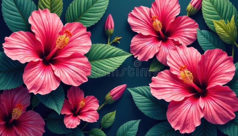Bold Vibrant Hibiscus Blossoms, Tropical Repeat, Tileable, Floral ...